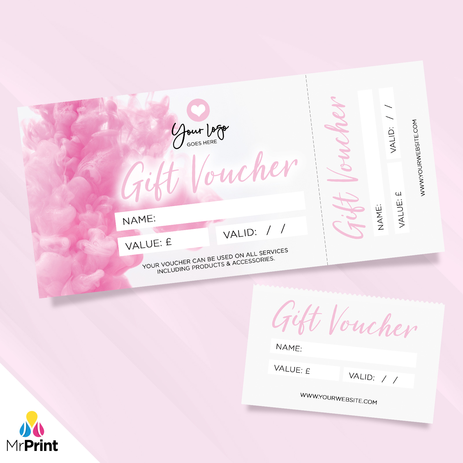 CUSTOM PRINTED GIFT VOUCHERS | PERFORATED | PINK WHITE SMOKE FEMININE ...
